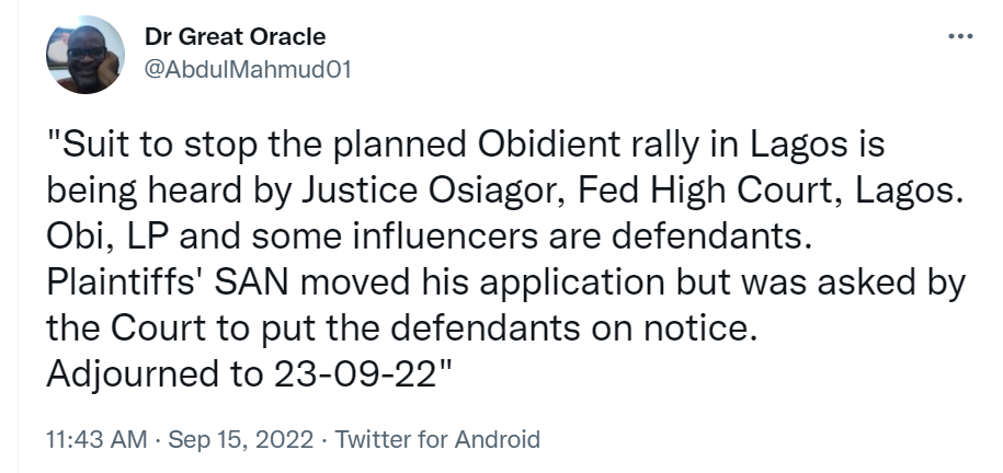 Lawsuit filed to stop Obidients rally in Lagos