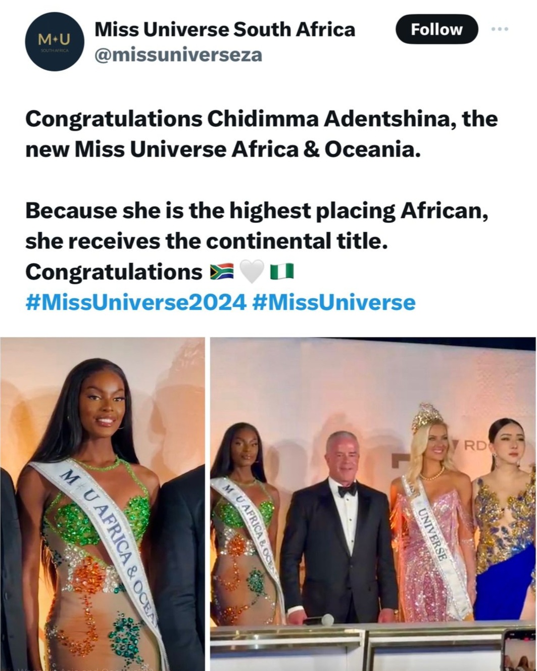 Chidinma Adetshina receives title of Miss Universe Africa and Oceania ...