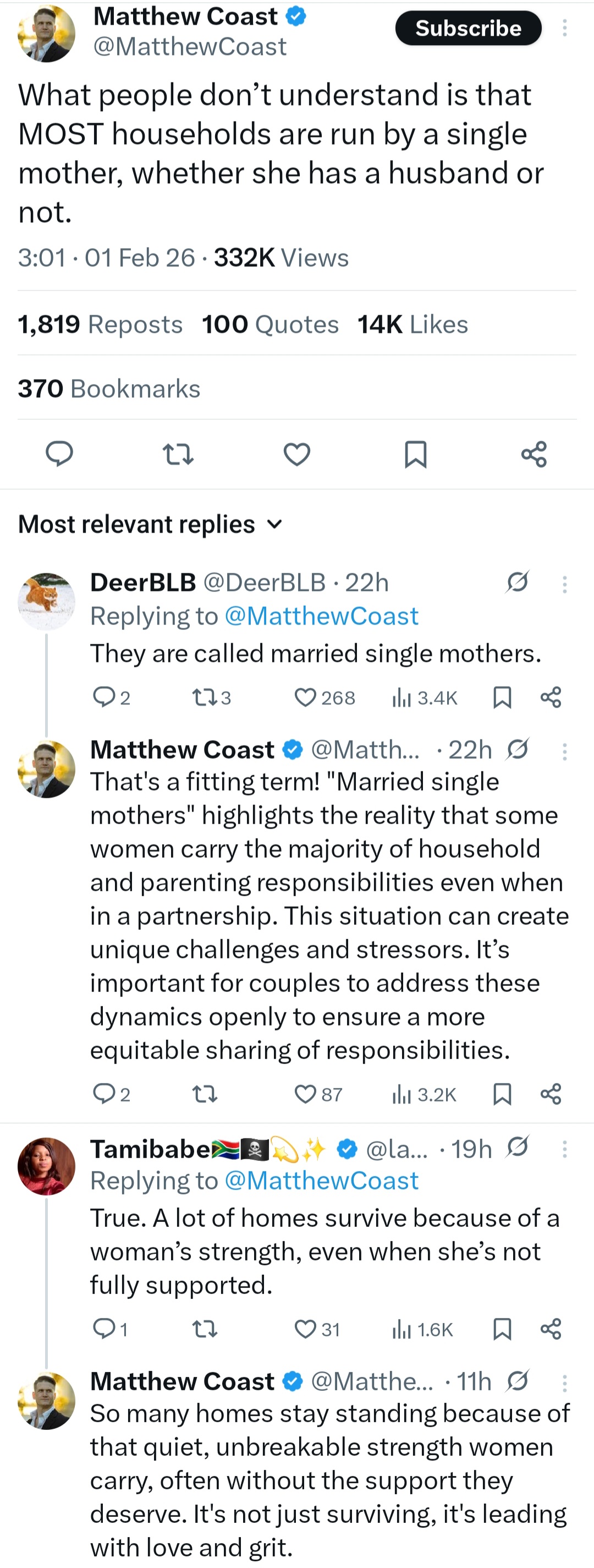 "Most households are run by a single mother, whether she has a husband ...