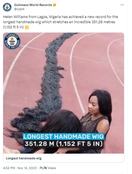 Nigerian Lady breaks Guinness World Record for the longest handmade wig
